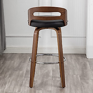 Bar Stools Set of 2, Swivel Bar Height Stools with Walnut Bentwood, Low Back, Upholstered Faux Leather, Soft Cushion Seat, Mid Century Bar Stools for Kitchen/Island/Counter (Black, 30" Seat Height)