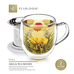 Teabloom Double-Wall Heatproof Glass Mug with Stainless Steel Infuser and White Lid – 15 OZ / 430 ML – 2 Blooming Teas Included