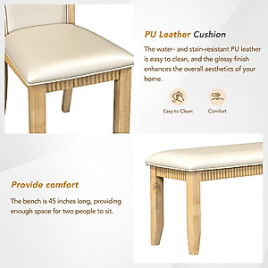 KLMM Rustic Solid Wood 6-Piece Dining Table Set with PU Leather Upholstered Chairs and Bench,for DiningRoom LivingRoom Kitchen Use (Natural Wood Wash@PU Leather)