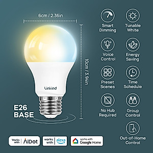 Linkind Smart Light Bulbs, Soft White to Daylight Tunable (2700K-6500K), Alexa Light Bulbs, Work with Alexa & Google Home, CRI>90, 2.4GHz Wi-Fi & Bluetooth LED, A19 E26, 800LM, 60W Equivalent (4-Pack)