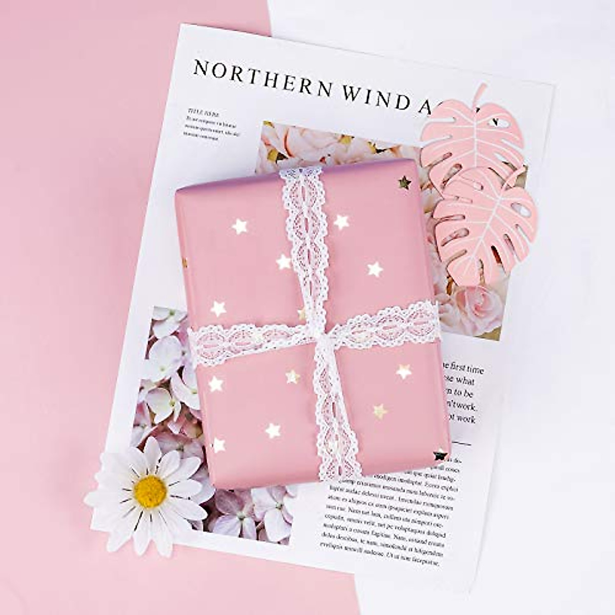 WRAPAHOLIC Wrapping Paper Roll - Pink Marble/Floral/Star Set, Perfect for Birthday, Holiday, Mother's Day, Wedding, Valentine's Day, Graduation Baby Shower - 3 Rolls - 30 inch x 120 inch