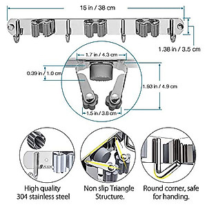 JEWJIO Broom Mop Holder Wall Mounted - Broom Storage Rack Utility Hanger 3 Racks 4 Hooks for Bathroom Home Kitchen Office Closet Garage Stainless Steel Heavy Tool Storage Rack (15 Inch)
