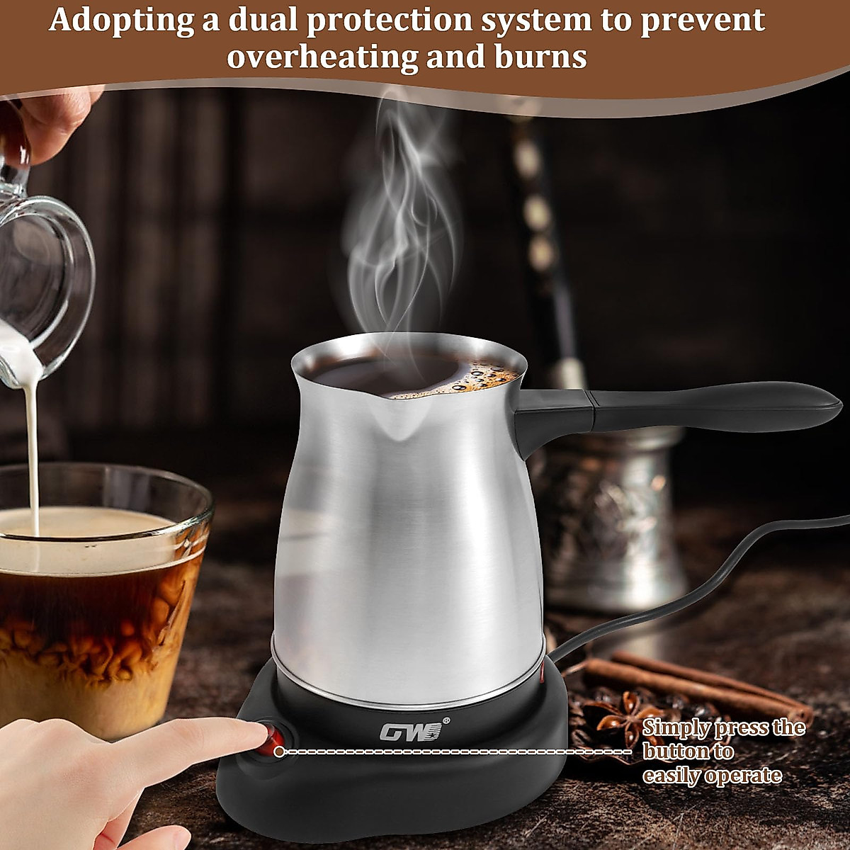 LYIYEYAN Turkish Coffee Maker, 600ml Stainless Steel 110V Turkish Coffee Machine, 5 to 6 Cups Capacity Turkish Coffee Pot, Electric Coffee Maker, Warmer Kettle with Ergonomic Handle for Home Travel