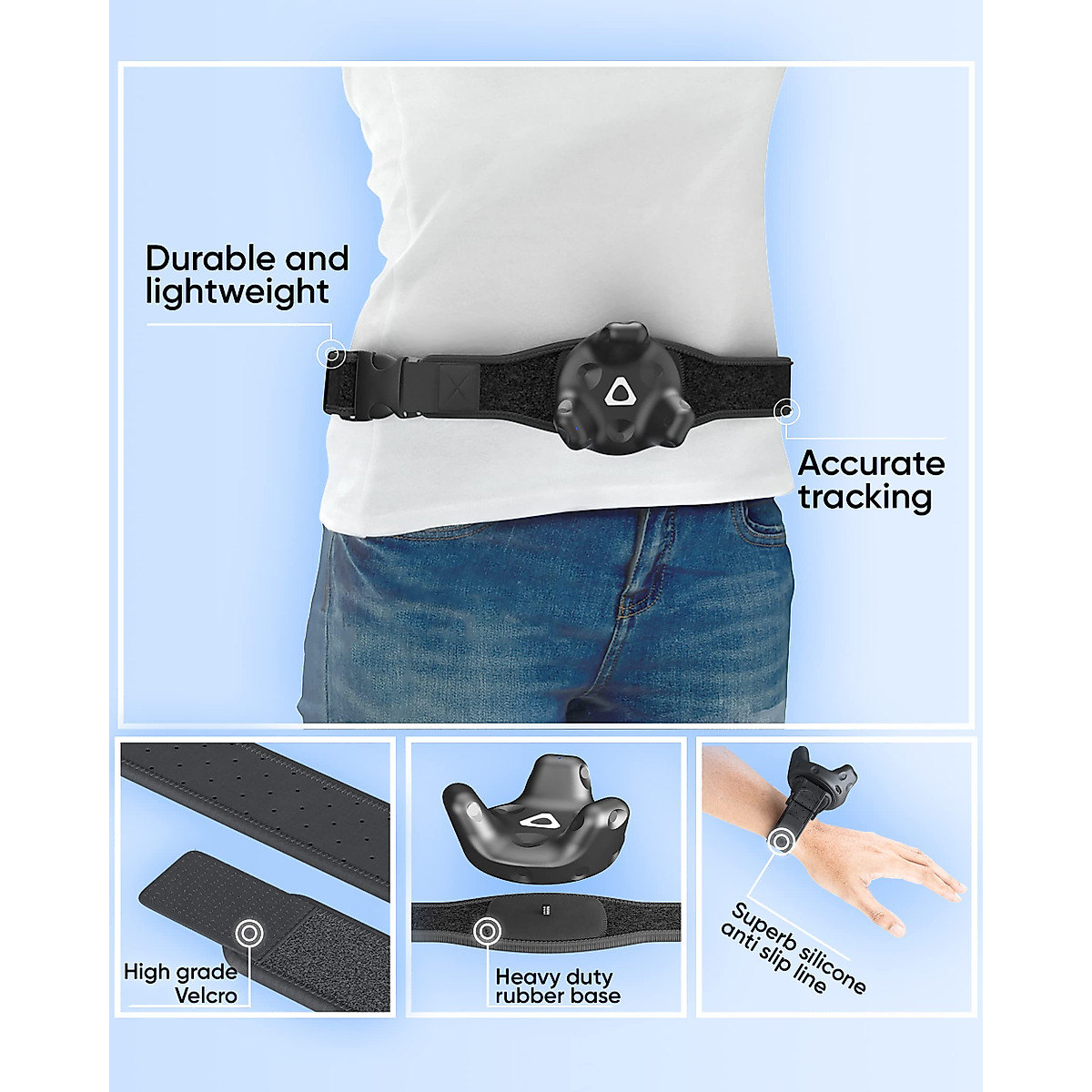 Skywin VR Tracker Belt and Tracker Strap Bundle for HTC Vive System Tracker Pucks - Adjustable Belt and Hand Straps for Waist and Full-Body Tracking in Virtual Reality (1 Belt and 4 Straps)