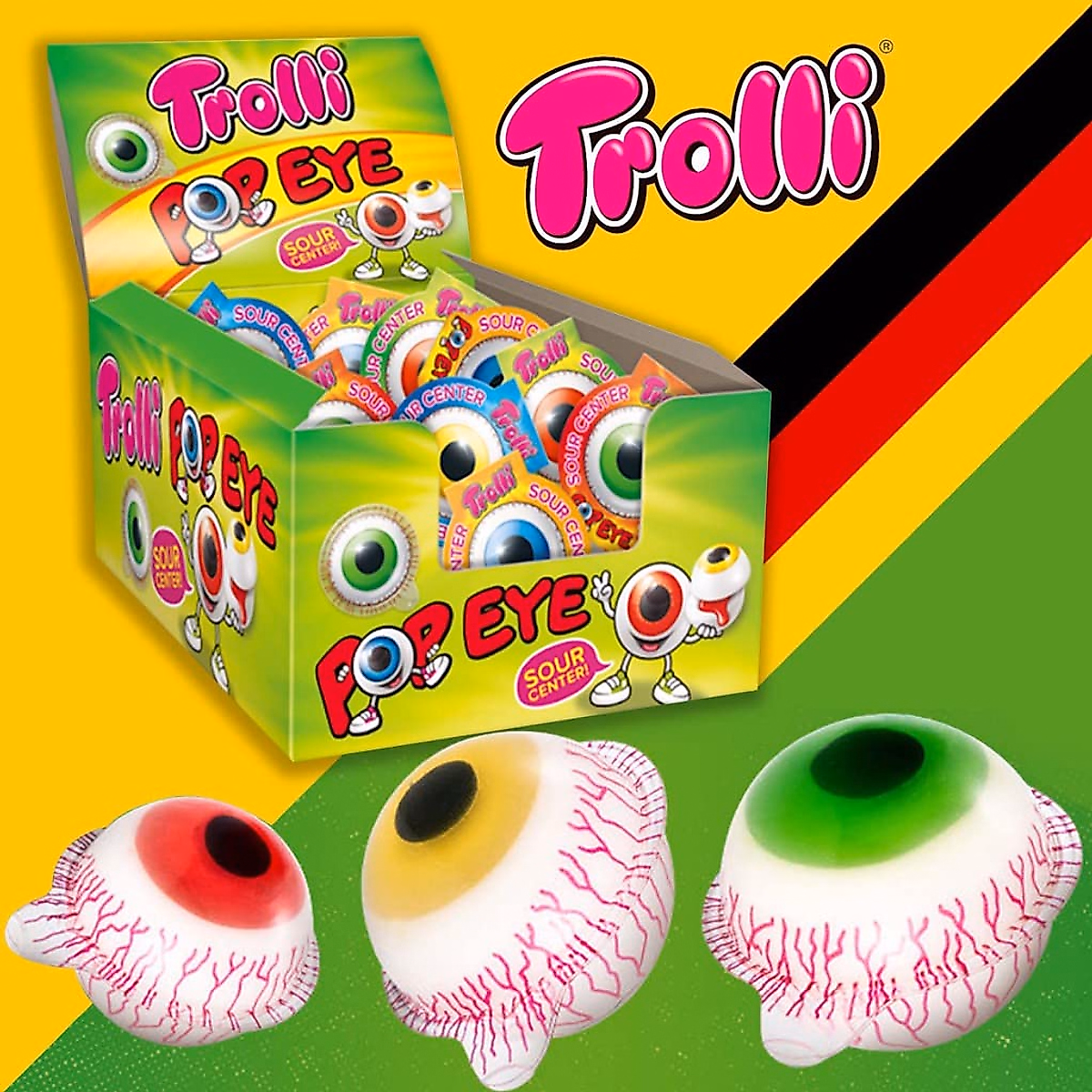 Pop Eye Gummi 18.8g(0.66 oz) x 12 Bags in Box - Soft Fruit Gummy Glotzer Candy with Sour Centre
