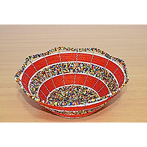 Set of 3 African Beaded Wire Bowls (2 x Large blue/red, 8 Inches + 1 Small blue, 6 inches) - Maasai Jewelry Bowl - Handmade in Kenya, KSBOWL012