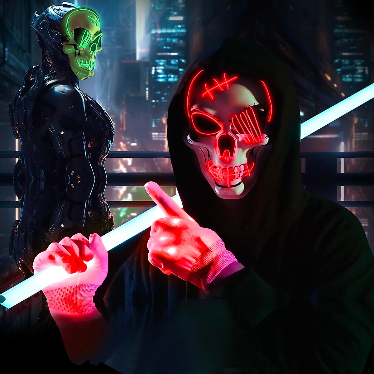 OceanWings Halloween LED Mask with Gloves Light up Costumes Scary Mask for Party Supplies Favor(Red&Gloves)