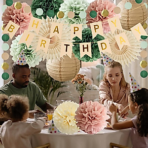Sage Green and Dusty Pink Birthday Decorations Sage Green Paper Pom Poms Paper Fans Happy Birthday Banner for Women Girls Neutral Birthday Baby Shower Party Decor Supplies