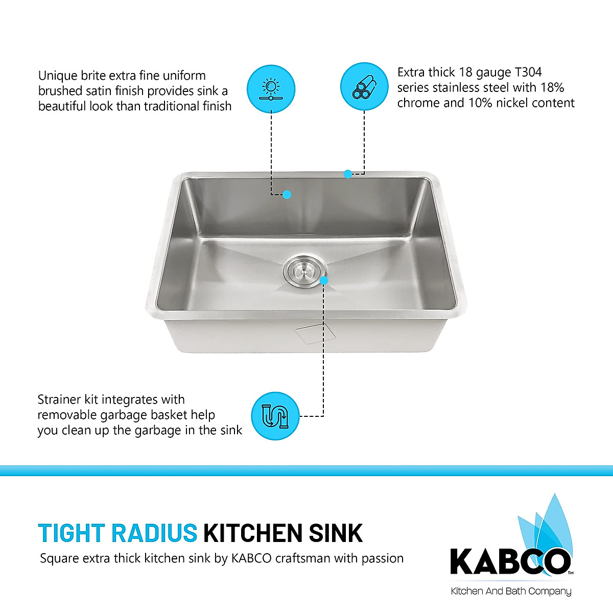 KABCO 18 Gauge 27 Inch Single Bowl Undermount Stainless Steel Kitchen Sink, Rust Resistant Sound and Heatproof Laser Cut Tight Radius SInk for Indoor or Outdoor Kitchens