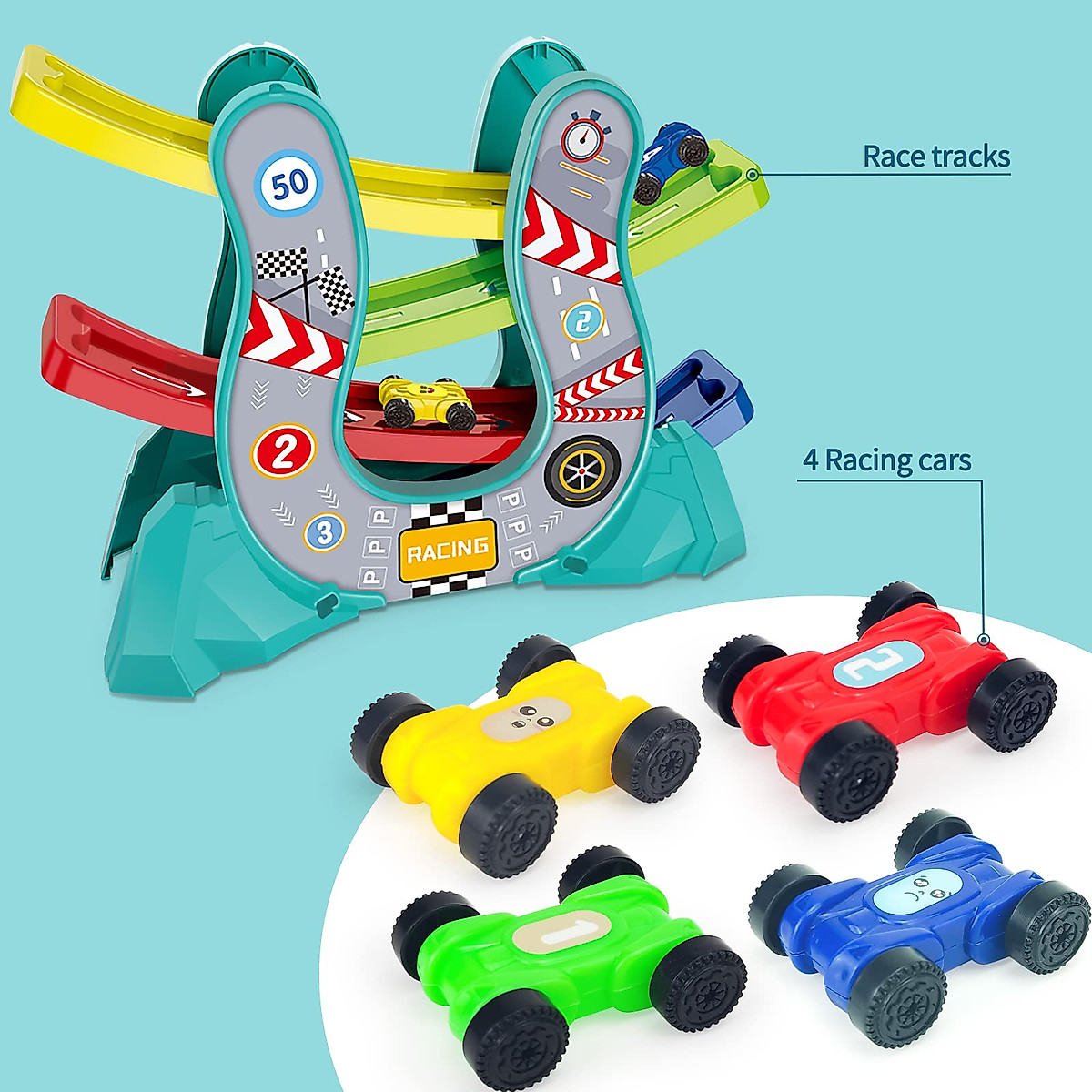 Toys Car Ramp Racer Toy Vehicle Track Set for Toddler 1 2 3 Year Old Boys Girls Gifts,Garage Playset with 4 Mini Racers & Building Parking Lot, Green