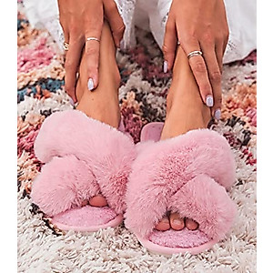 Women Pink Fuzzy Fluffy Slippers-Ankis Soft Cozy Plush Fuzzy Slippers Faux Rabbit Fur Memory Foam Furry Open Toe Breathable Fuzzy Slippers Bedroom Warm Comfy Cross Band Slippers for Women House Indoor