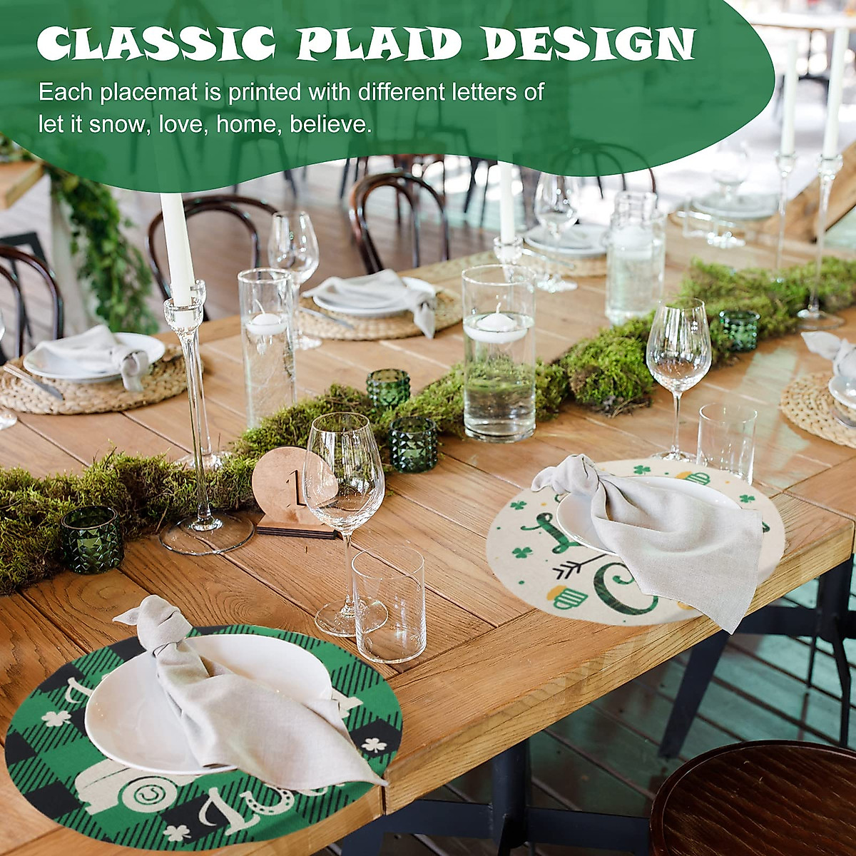 Round Placemats St. Patrick's Day Placemat Buffalo Plaid Check Table Mats Lucky Clover Shamrock Dining Table Mats for St Patrick's Day Holiday Farmhouse Table Decor (Shamrock Pattern,4 Pieces)