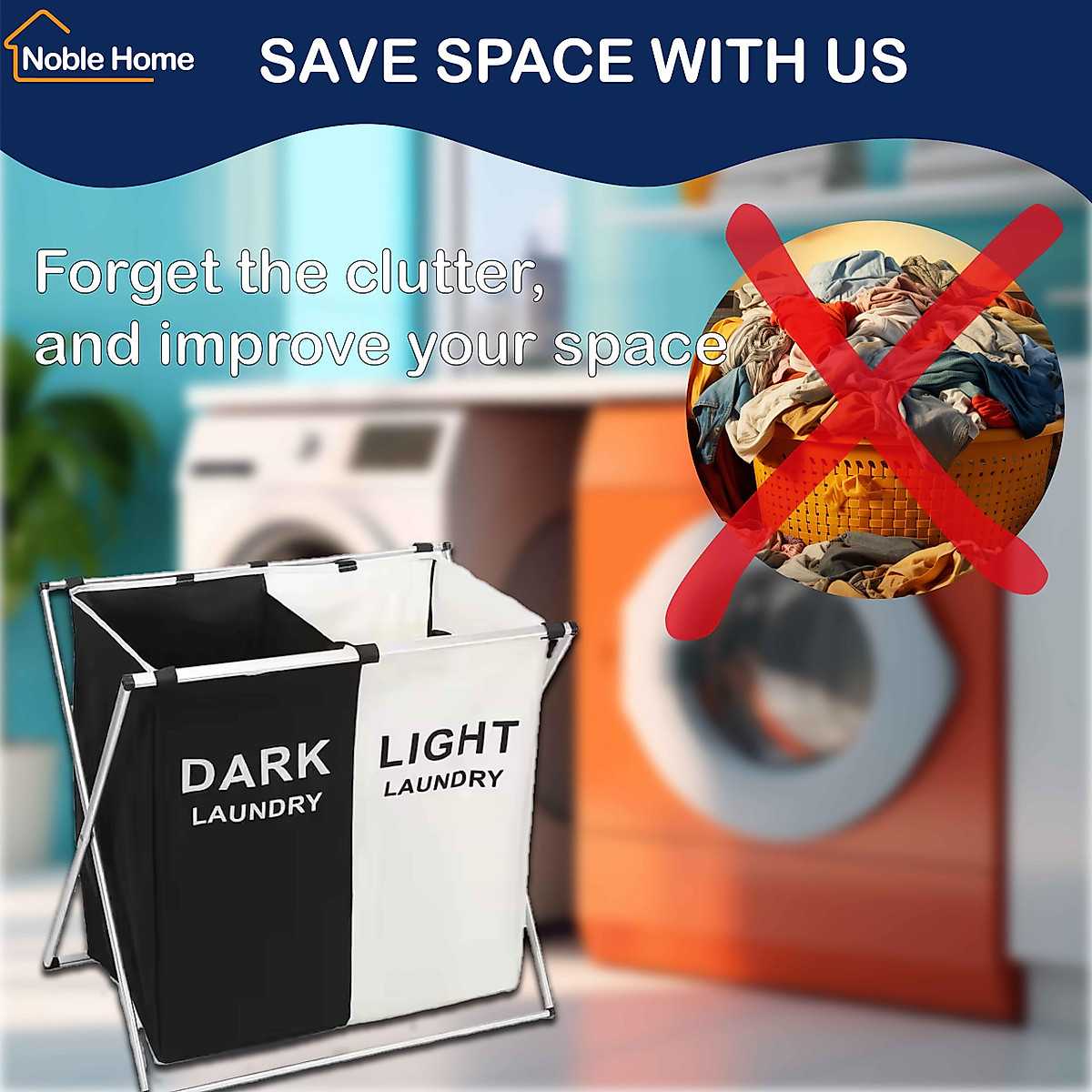 NOBLE HOME - Laundry Basket,Laundry Hamper,3 compartment laundry hamper,Dirty Clothes Hamper,bathroom accesories,Collapsible Laundry Baskets.Laundry Sorter,Hamper,Laundry Basket Sorter (2 SECTIONS)