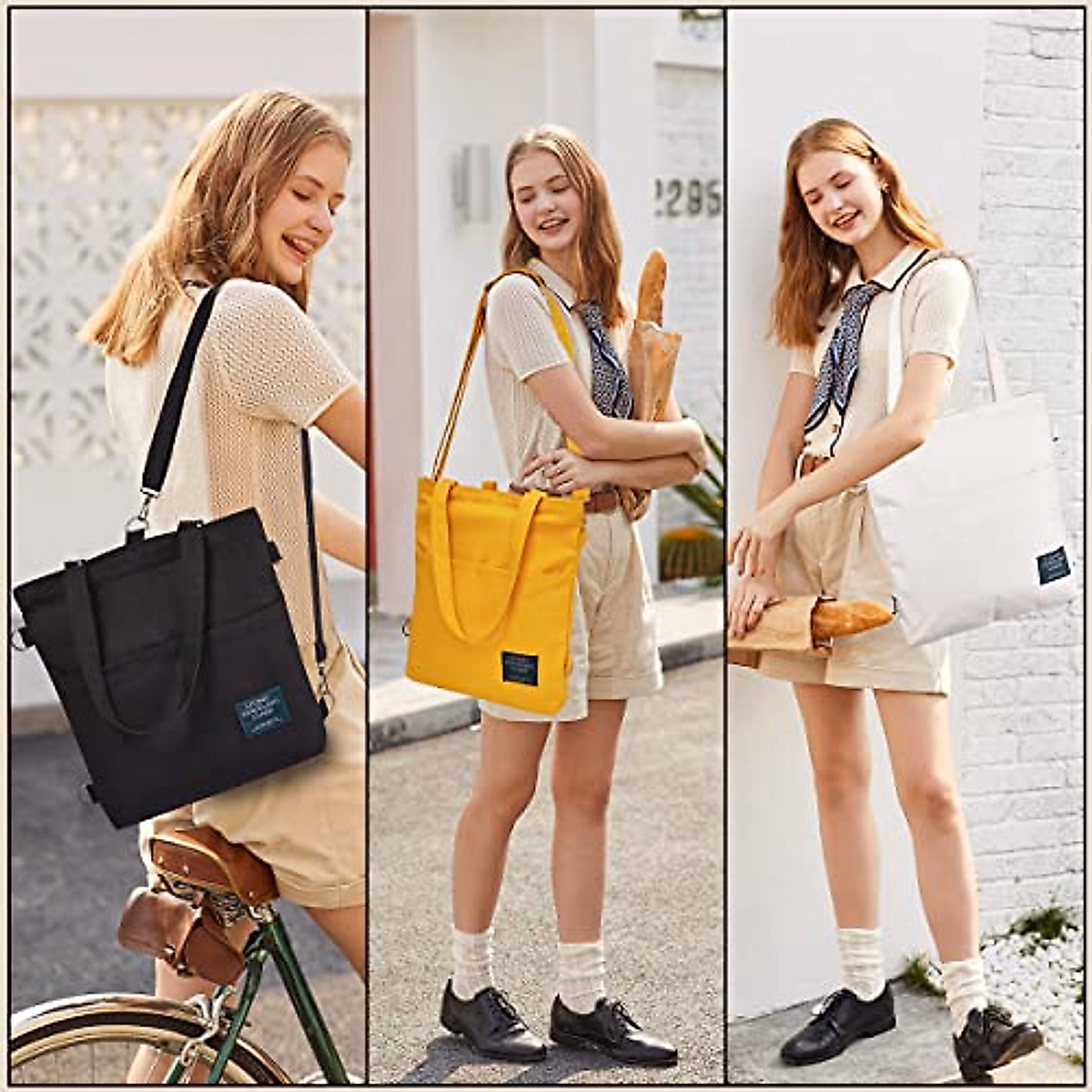 LOLAGIGI Canvas Shoulder Tote Bag for Women Adjustable Crossbody Handbag Casual Aesthetic Hobo Bag Utility Satchel Shoulder Backpack with Zipper Pocket, Suit for Girl Teens School Work Travel, Beige