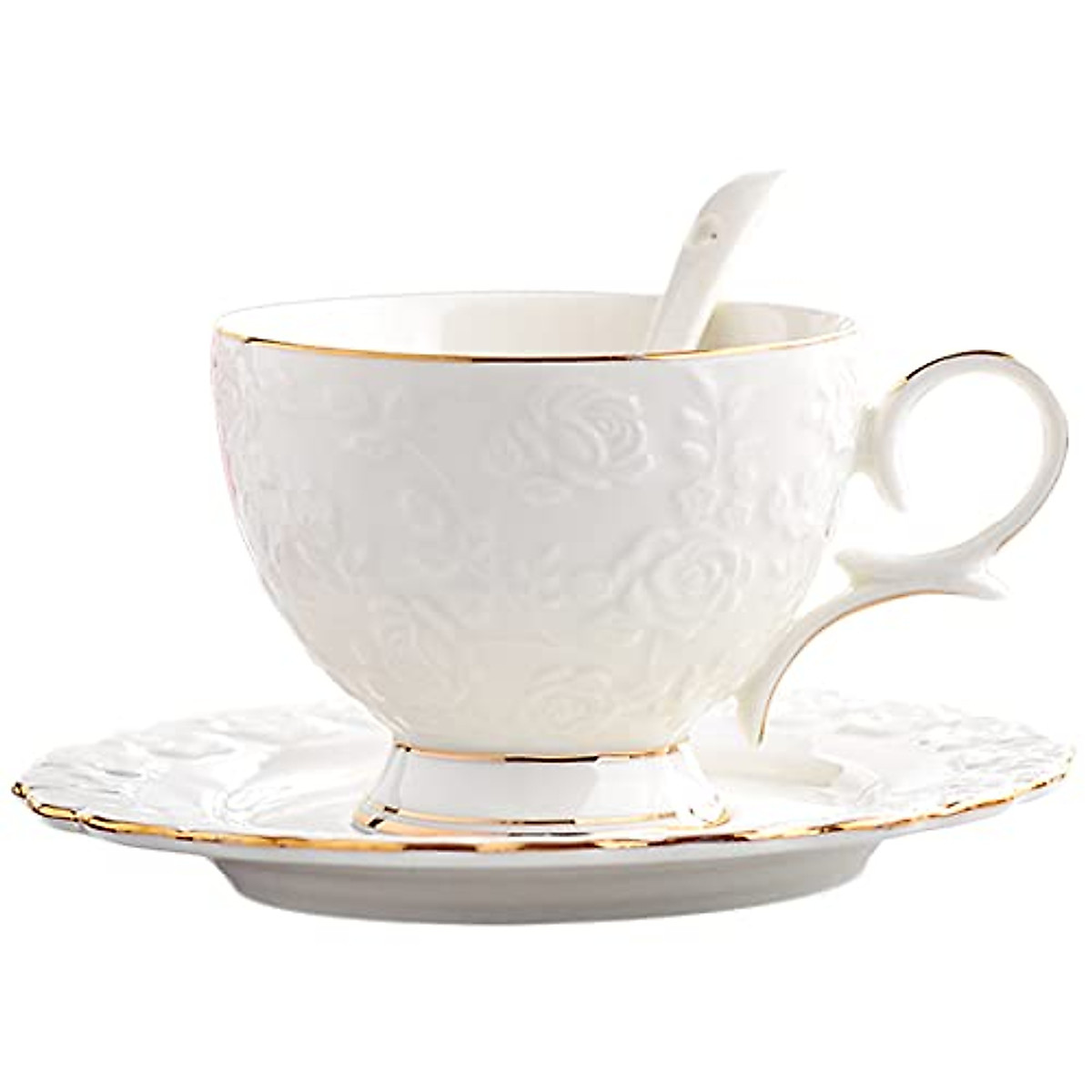 Ceramic Coffee Cup Set with Saucer Spoon 3 Piece Flower Elegant Vintage Coffee Cup,for Milk Afternoon Tea Black Tea(6.7 oz)
