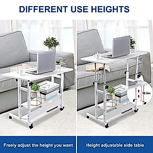 Portable Desk for Bedroom Height Adjustable 31x16 inch Storage Rolling Desk Modern Laptop Table Home Office Workstation Sofa Side Table with Wheels for Living Room Mobile Couch Small Study Desk White