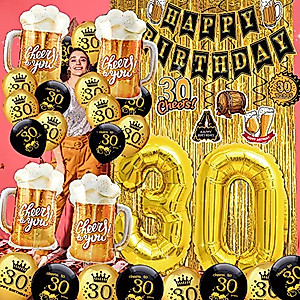 30th birthday decorations for him men - (60pcs) black gold party Banner, 40 Inch Gold Number Balloons,30th Sign Latex Balloon,Fringe Curtains and cheers to you Foil Balloons,Hanging Swirl,photo props