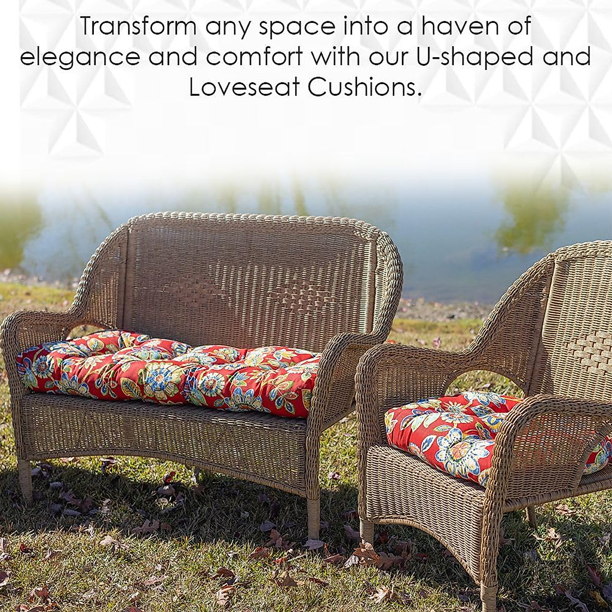 RSH DECOR: Tufted U-Shape Wicker Seat Cushions Set of 2 | 22” x 22” | Water-Resistant Spun Fabric | Outdoor Chair Cushions for Patio Furniture | Fenbrook Blue