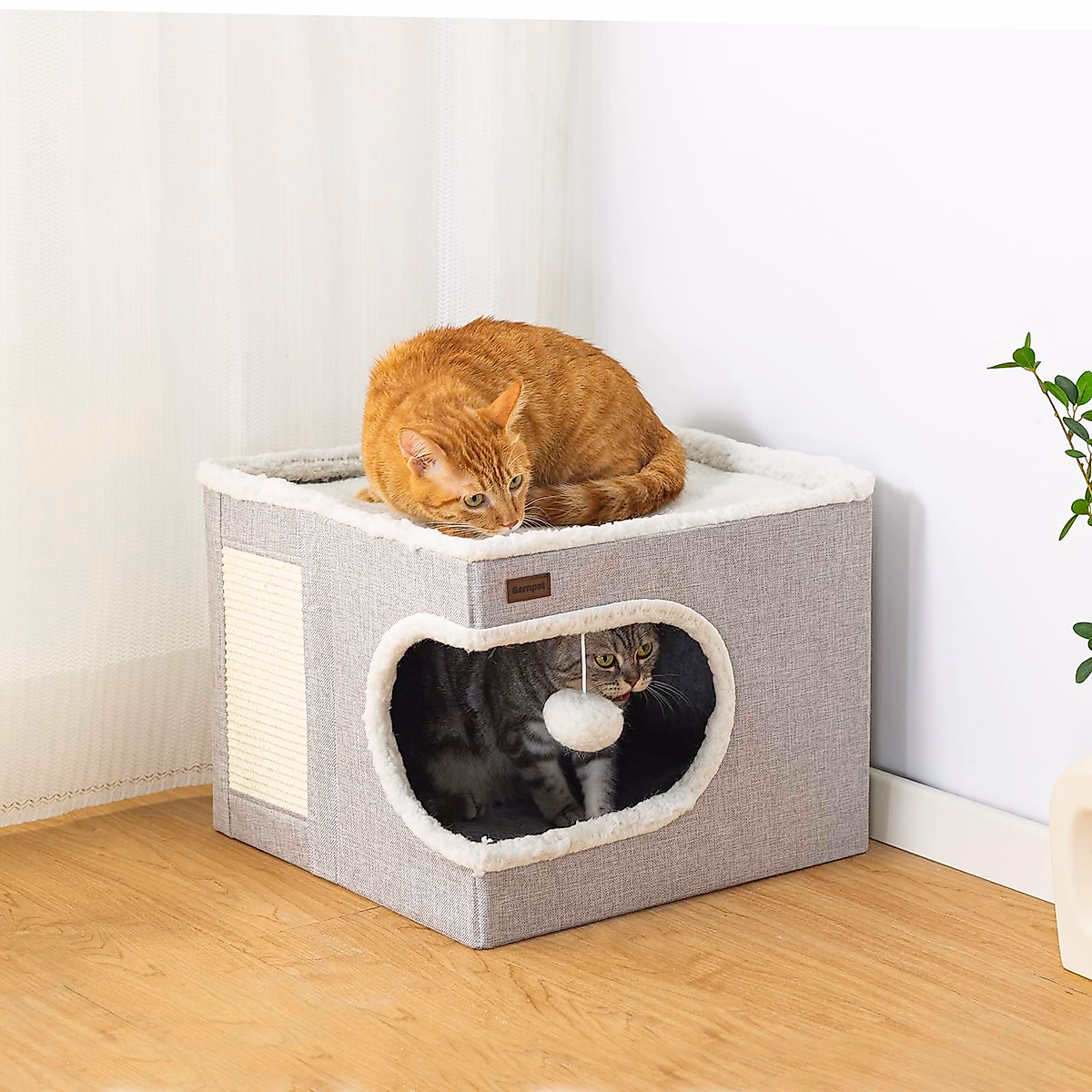 Garnpet Cat Bed for Indoor Cats Cube House, Covered Cat Cave Beds & Furniture with Scratch Pad and Hideaway Tent, Cute Modern Cat Condo for Multi Small Pet Large Kitten Kitty, Grey