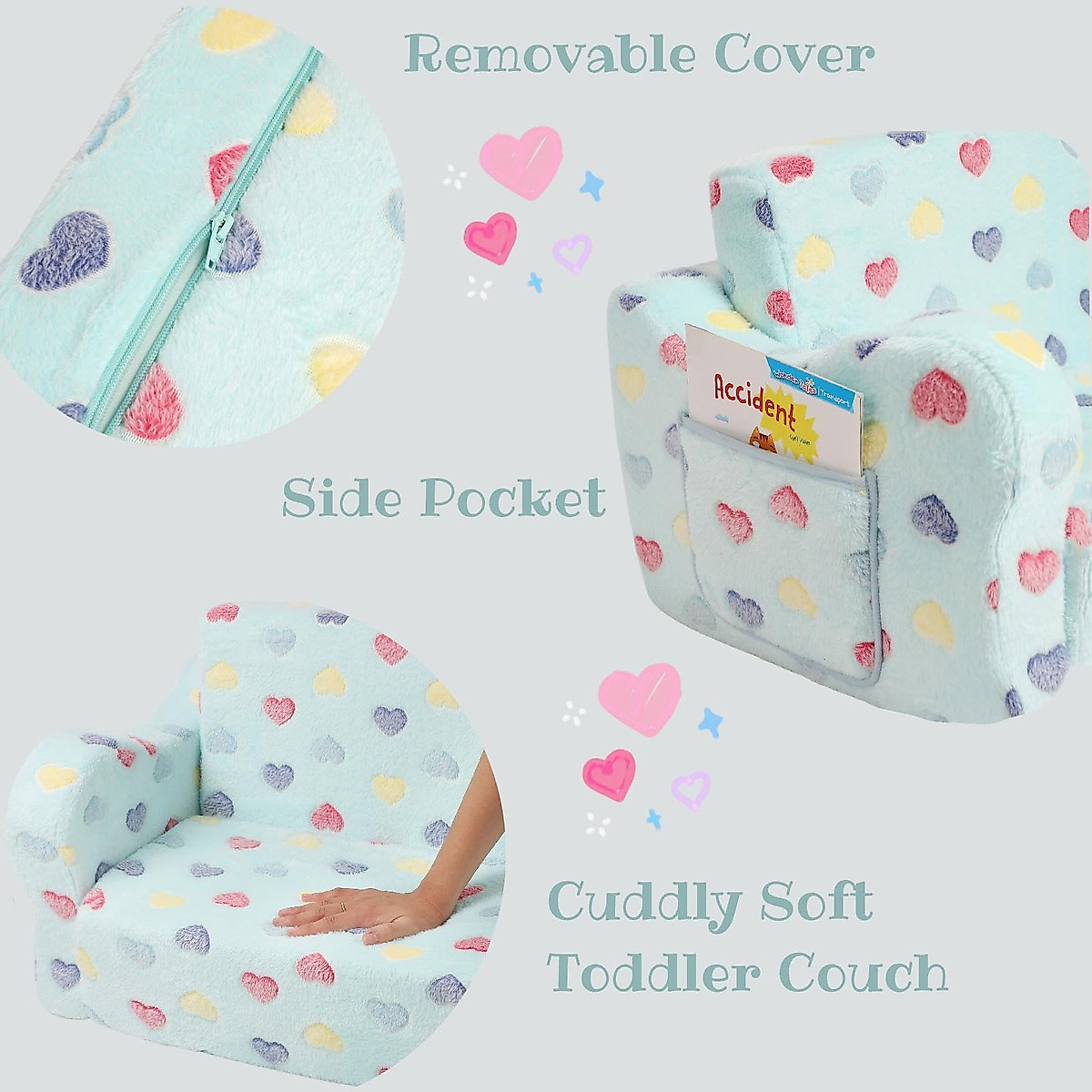 MOMCAYWEX Toddler Couch, 2-in-1 Toddler Soft Couch Fold Out with Star Pillow, Convertible Sofa to Lounger for Girls and Boys, 1-Seat