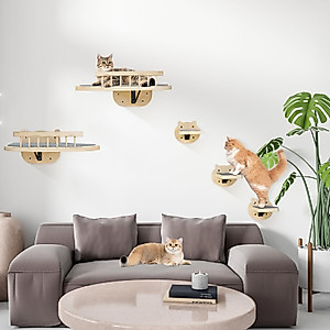 Cat Wall Shelves, Cat Shelves and Perches for Wall, Wood Cat Shelves Wall Mount, Cat Wall Furniture with 3 Cat Wall Steps Cat Scratch Post, Burlywood Indoor Cat Climbing Shelf for Living Room, Bedroom