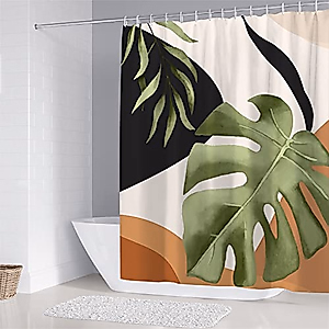 FZDHHY Abstract Tropical Shower Curtain Set Palm Leaf Botanical Bathroom Curtain Set Waterproof Bathtub Curtain with Bathroom Carpet Bath Mat Toilet Rugs