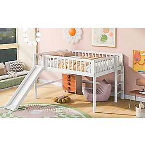KTTEK Full Size Low Loft Bed with Slide and Ladder,Wooden Bed Frame with/Guardrails, for Kids and Young Teens, No Box Spring Required,Space-Saving,White