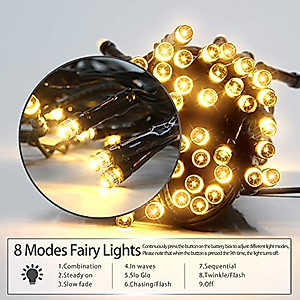 [Remote and Timer] 33FT 100 LED Christmas Lights Battery Operated, Outdoor Christmas Tree String Fairy Lights Green Wire with 8 Modes IP65 Waterproof for Garden, Party, Wedding Decoration (Warm White)