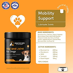 Healthy Bite Hip and Joint Supplement for Dogs - Glucosamine Chondroitin for Dogs Senior Dog Supplements - MSM, Turmeric Mobility Support, Dog Arthritis Pain Relief - Made in USA - 120 Count