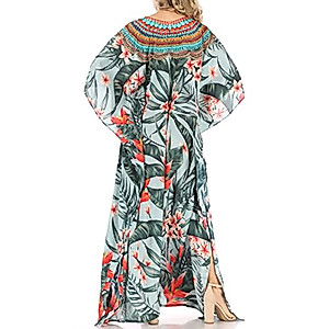 Sakkas AH62 - Milanna Women's V Neck Short Sleeve Vibrant Print Caftan Dress Cover-up - Print-1 - OS