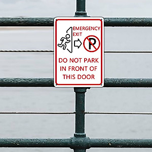 Warning Metal Sign Emergency Exit Do Not Park in Front of This Door Outdoor Tin Metal Sign Fade Resistance Durable Rust Free UV Protected Metal Decor Wall Decorative For Cafes Pubs Home Gate 14x10in