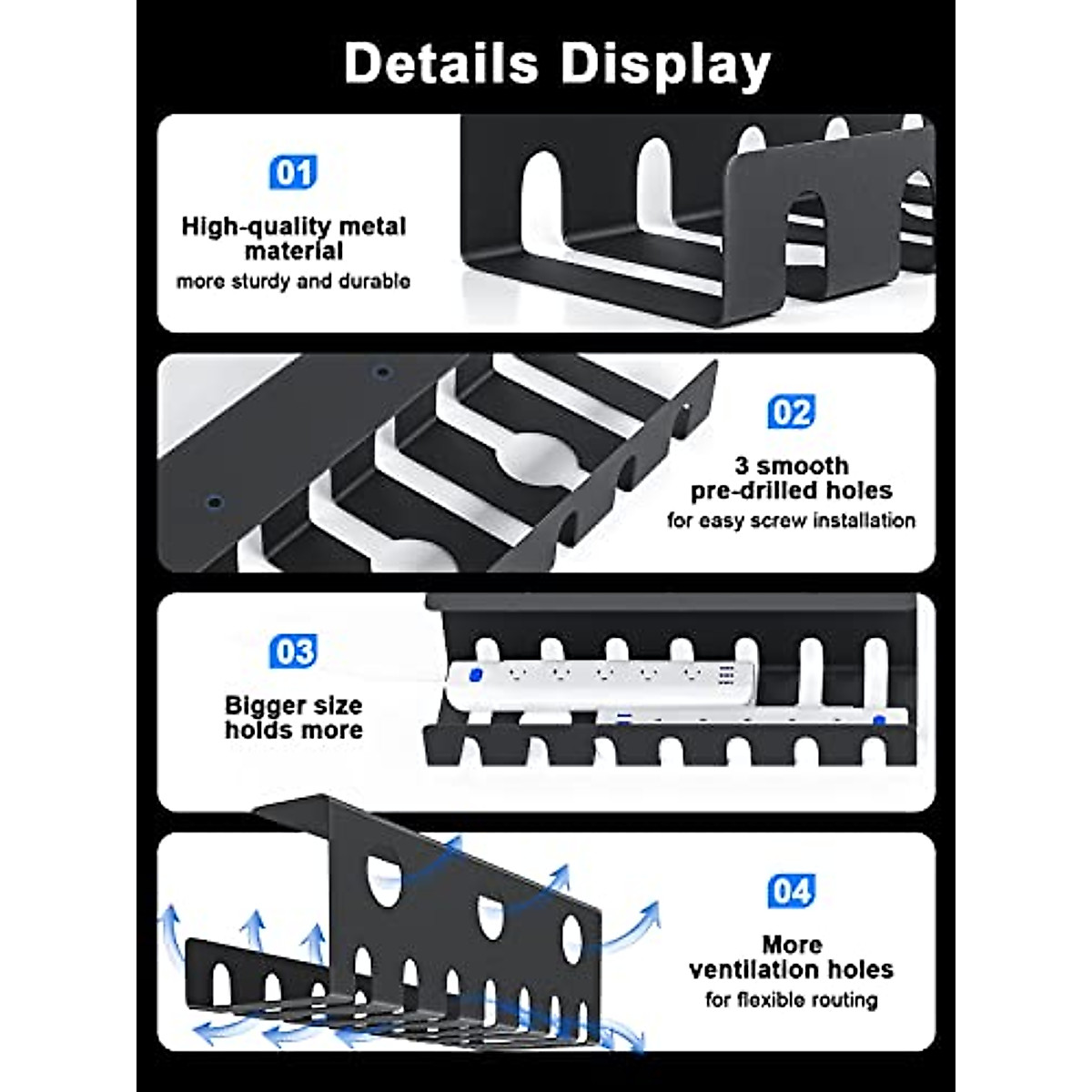 Under Desk Cable Management Tray 2 Pack, Metal Cable Tray Basket for Wire Management, No Drill/Drill PC Cord Organizer for Home Office Computer Desk Cable Hider, 15.75x4.72x4.72in, Black Raceway