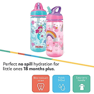 Nuby 2 Pack Iridescent Flip-it Kids On-The-Go Printed Water Bottle with Bite Proof Hard Straw - 18oz / 540 ml, 18+ Months, 2 pk (Pink/Aqua)