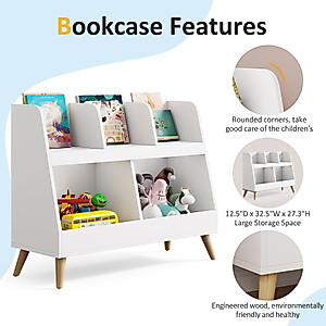 VANOMi Kids Bookshelf, 5 Cubbies Wooden Open Toy Storage Organizer, 2 Tier Baby Bookcase with Legs, Free Standing Small Bookshelf for Nursery, Playroom, Bedroom and Classroom (White)