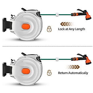 VANEPIC Retractable Garden Hose Reel 65 FT x 1/2 Inch Any Length Lock Hose Reel, Automatic Slow Rewind System, Wall Mounted and 180 Deg Swivel Bracket for Garden Watering and Car Washing