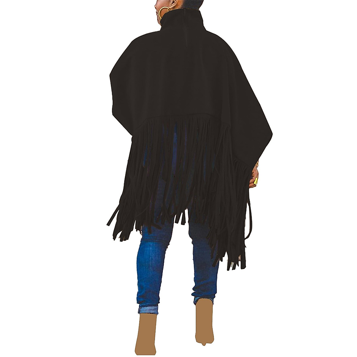 Lucuna Women Fall Winter Casual Sweatshirt Fringe Crop Top High Neck Long Sleeve Cape Coat Pullover Tops