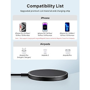 JSAUX Magnetic Wireless Charger 2-Pack Fast Magsafe Charger Compatible with MagSafe Charger, iPhone 15/15plus/15 Pro/15 Pro Max/iPhone 14 Plus/14 Pro Max, iPhone 13 12 Mini Mag Charger Airpods Black