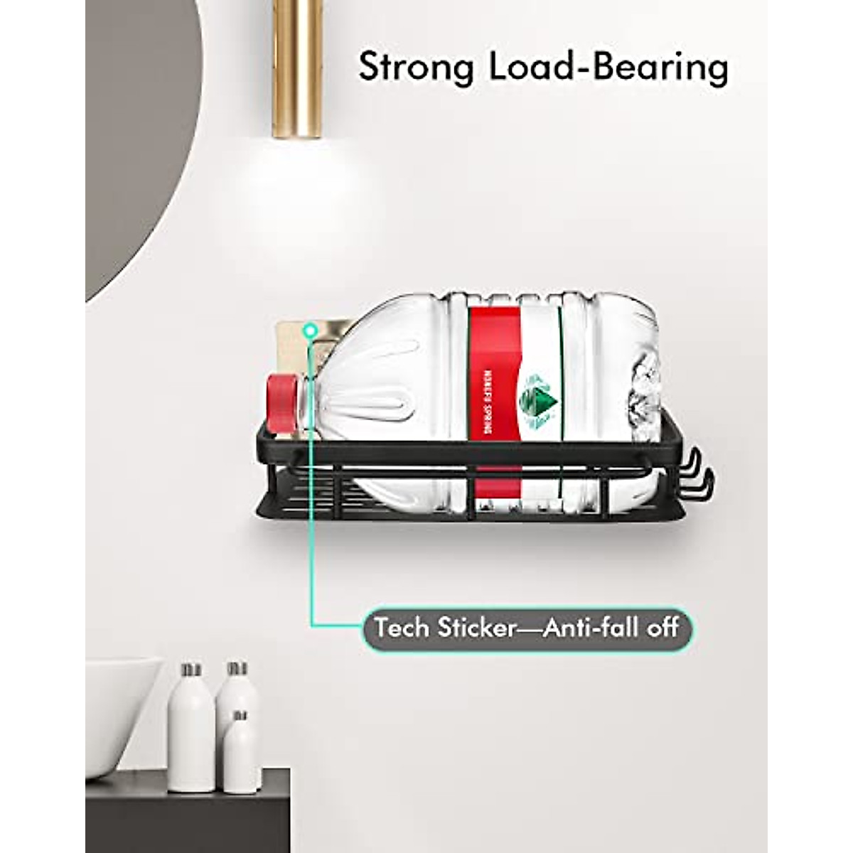 Fegat Shower Caddy, Enhanced Self Adhesive shower Organizer, No Drilling Bathroom Shower Shelf With Towel Rack and 2 Hooks, Space Aluminum With Anticorrosion Process, Black