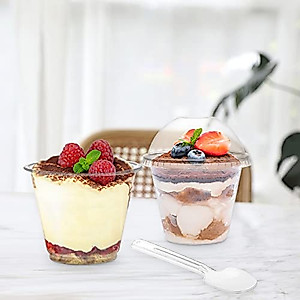 Coloch 100 Pack 9 Oz Clear Plastic Dessert Cup with Dome Lid and Spoon, Disposable PET Crystal Parfait Cup Take-out Liquid Container for Fruit, Dessert, Cupcake, Cold Drinks, Ice Cream, Snack