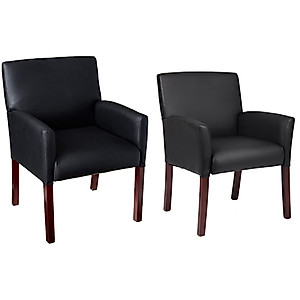 Boss Office Products Reception and Guest Box Arm Chairs with Mahogany Finish in Black