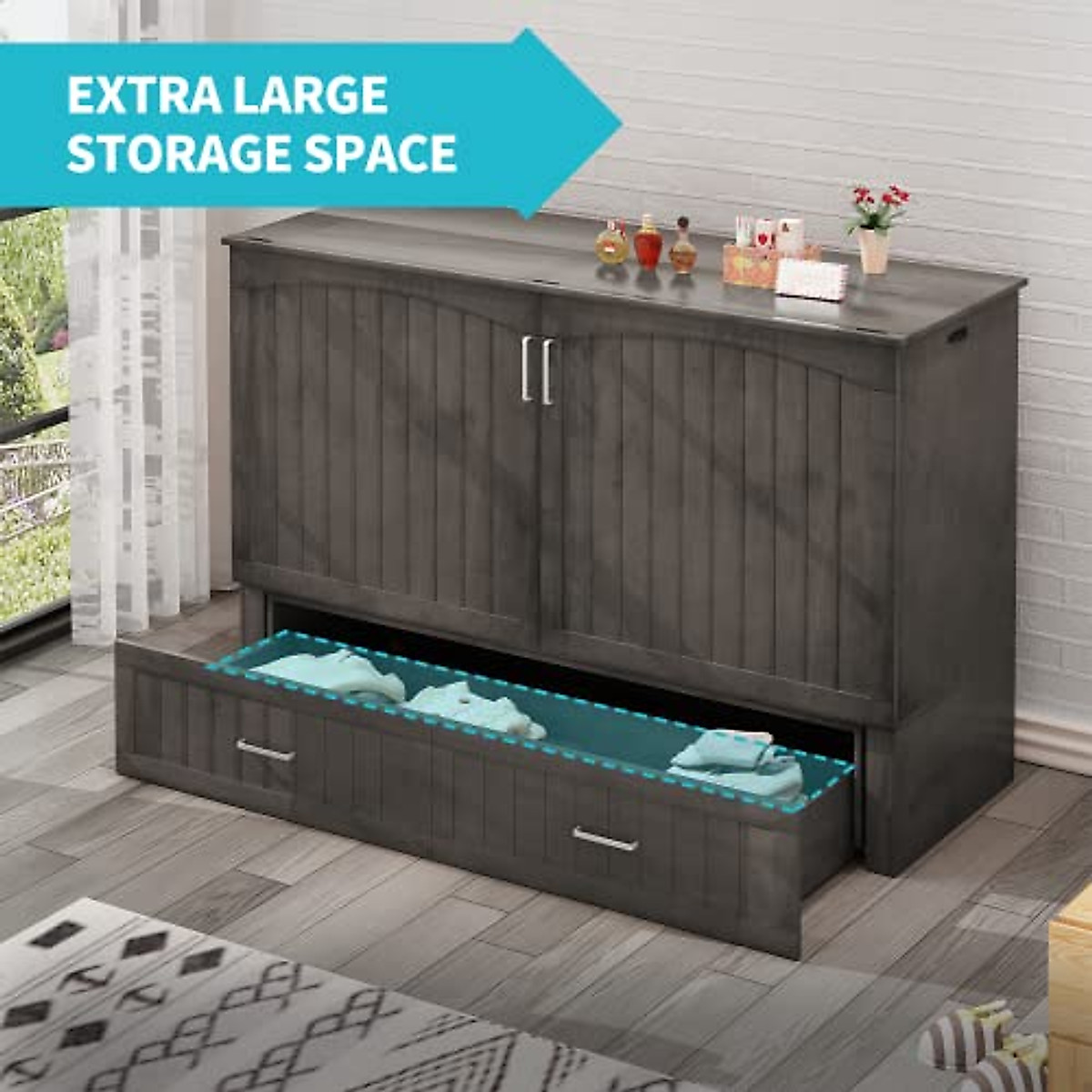 CECER Murphy Bed Cabinet with Memory Foam Mattress, Cube Cabinet Bed Chest with Build-in USB Charging Station and Storage Drawer for Living Room/Apartment/Easy Assembly - Gray