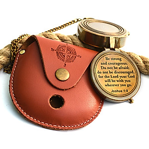 Be Strong and Courageous (Joshua 1:9) Brass Compass with wooden Box-Engraved Scripture Prayer Compass Religious Gift for Men & Women - Baptism, Confirmation, Communion Compass for Boys Graduation Gift