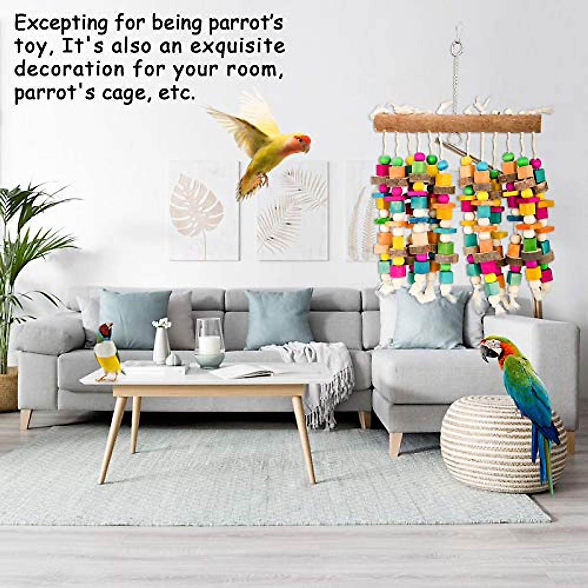 Parrot Chewing Toy Bird Bite Toy with Colorful Wood Beads, Multicolored Natural Wooden Block Cage Toys for Macaw Cockatoo Parakeets