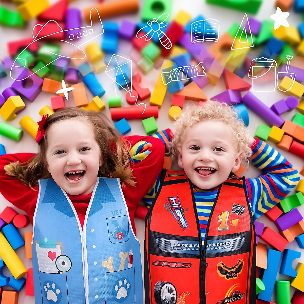 20 PCS Kids Community Helper Dress Up Vest Career Costumes Role Play Career Cosplay Clothes Pretend and Play Costume for Kids Dress up Doctor Police Fireman Car Racer Cowboy Farmers Worker Pirate