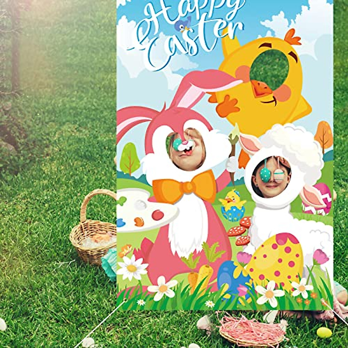 HOWAF Easter Banner Decorations Easter Bunny Photo Door Banner Large Fabric Happy Easter Backdrop Photo Prop Funny Eggs Bunny Face in Hole Game for Easter Party Supplies, 59×39 inche