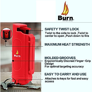 Burn Pepper Spray Keychain for Self Defense - Max Strength OC Spray - 1/2oz Molded Case Red