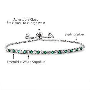 Tirafina Lab-Created Emerald and Lab-Created White Sapphire Adjustable Bolo Bracelet, Sterling Silver, Easy-On Easy-Off (6, 7 and 8 inch Wrist Size)