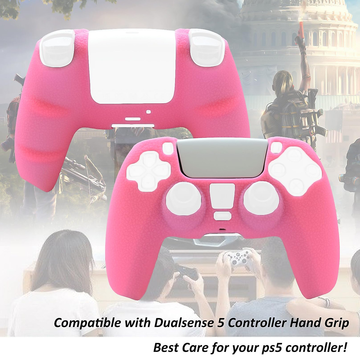 Cover for PS5 Controller Grips,Pandaren PS5 Controller Skin for Sony PlayStation 5 Sweat-Proof Anti-Slip Silicone Cover Hand Grip with 8pcs FPS Pro Thumbsticks Cap(Pink)