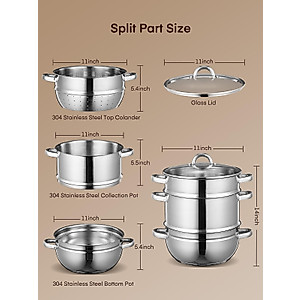 FOHERE 11Qt Steam Juicer Extractor for Canning, Juice Steamer Stainless Steel for Fruit & Vegetables with Glass Lid, Hose, Clamp, Loop Handles, Multipots Cookware for Making Juice, Jelly, Sauces