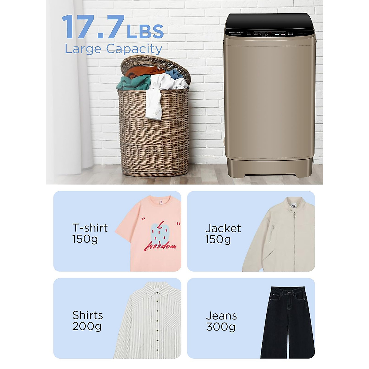 F.W.WOOLWORTHS 17.7 lbs Full-Automatic Washing Machine with LED Display, Laundry Washer with Drain Pump, 10 Wash Programs 8 Water Levels Washer & Spinner for Home, Apartment, Dorms, Gold